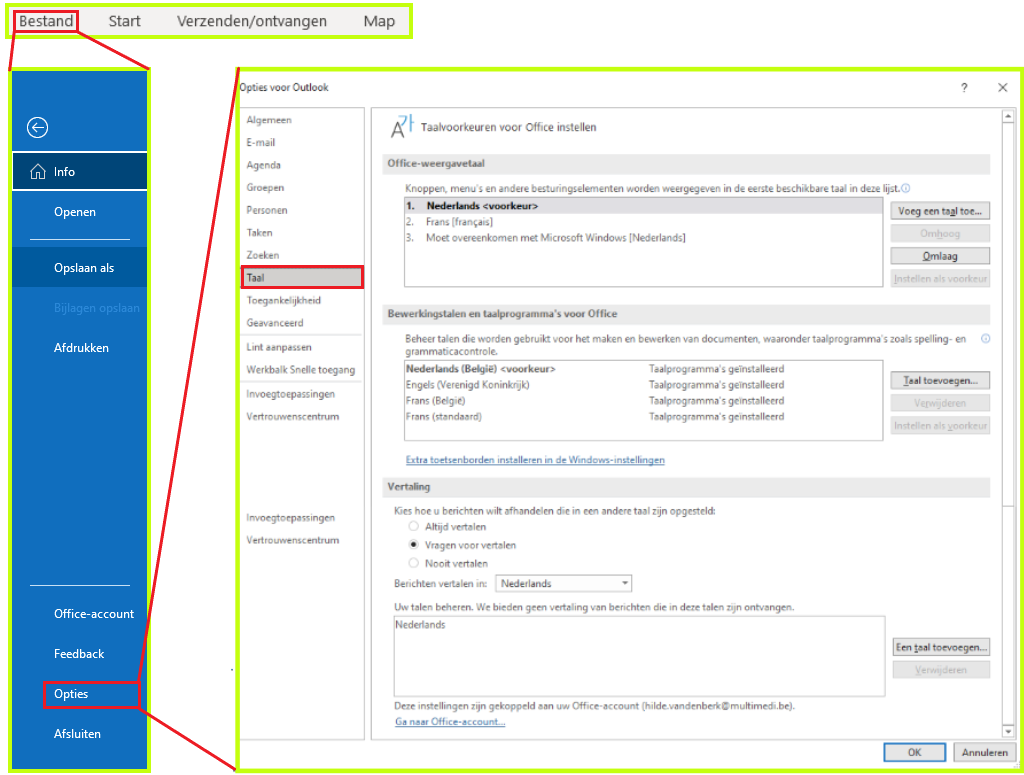 OUTLOOK - GUI - Taalinstellingen | Learningfever, proud to be ahead